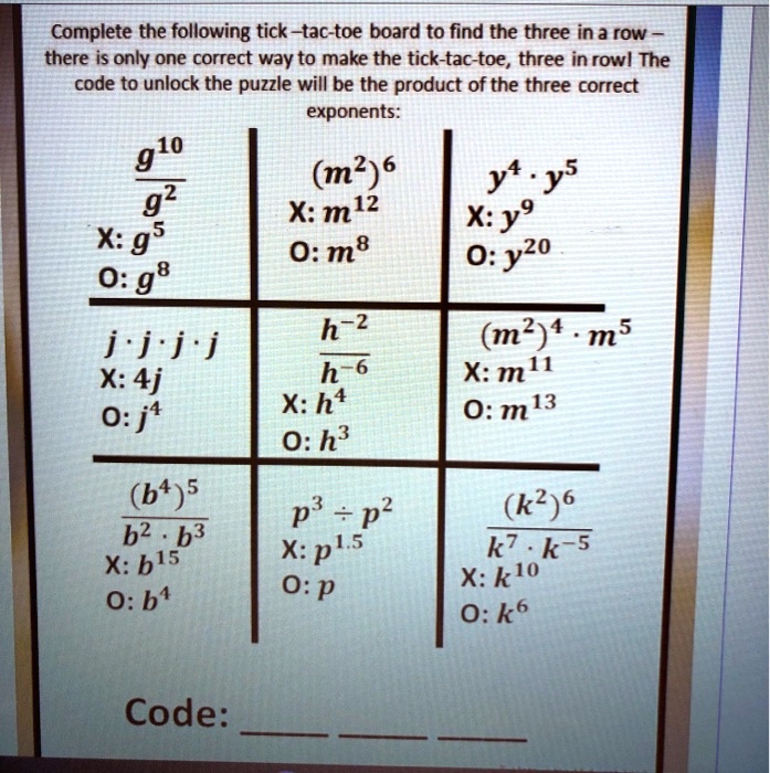 complete the following tick tac toe board to find the three in a row ...
