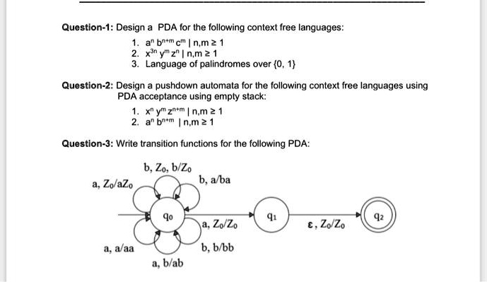 SOLVED: Question-1: Design a PDA for the following context-free languages: 1. ab^nmc^n|nâ‰¥1, mâ ...