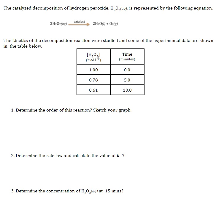 SOLVED: The catalyzed decomposition of hydrogen peroxide, H2O2(aq), is ...