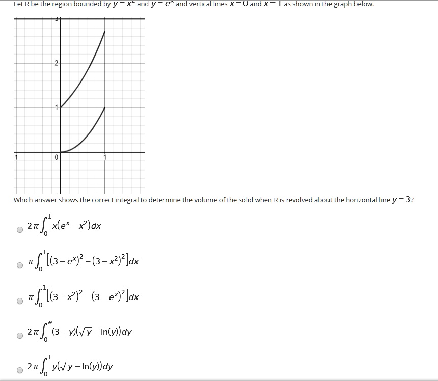 SOLVED: R be the region bounded by y=x ad y= e and vertical lines x = 0 ...