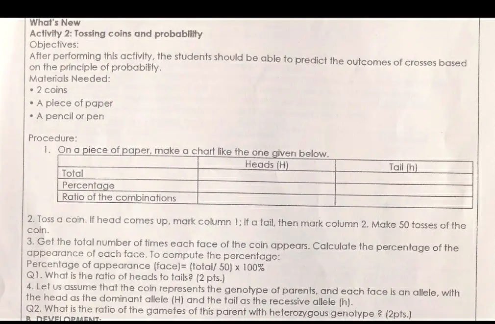 SOLVED: Whale New Activity 2: Tossing coins and probability Objectives ...