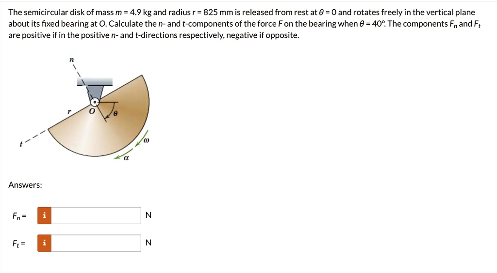 the semicircular disk of mass m 49 kg and radius r 825 mm is released ...