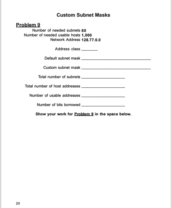 Custom Subnet Masks Problem 9 Number Of Needed Subnets 60 Number Of Needed Usable Hosts 1000