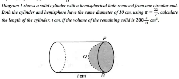 SOLVED: Diagram shows solid cylinder with a hemispherical hole removed ...