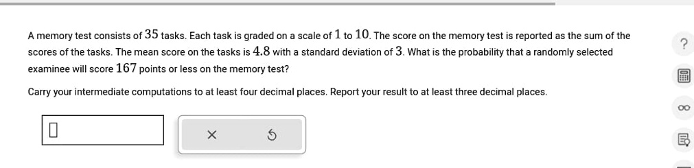 A memory test consists of 35 tasks. Each task is graded on a scale of 1 ...