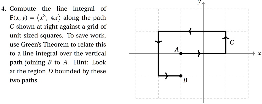 SOLVED: Compute the line integral of F(x,y) = (x^3, 4x) along the path C shown at right against ...