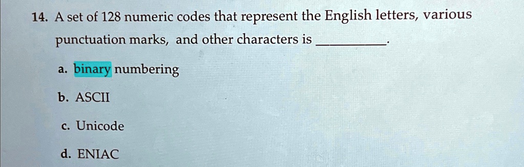 a set of 128 numeric codes that represent the english letters various ...