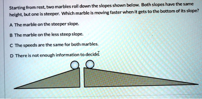 Starting from rest, two marbles roll down the slopes shown below. Both ...