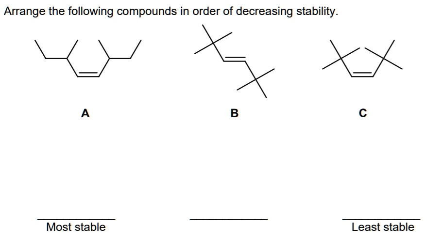 SOLVED: Arrange the following compounds in order of decreasing stability Most stable Least stable