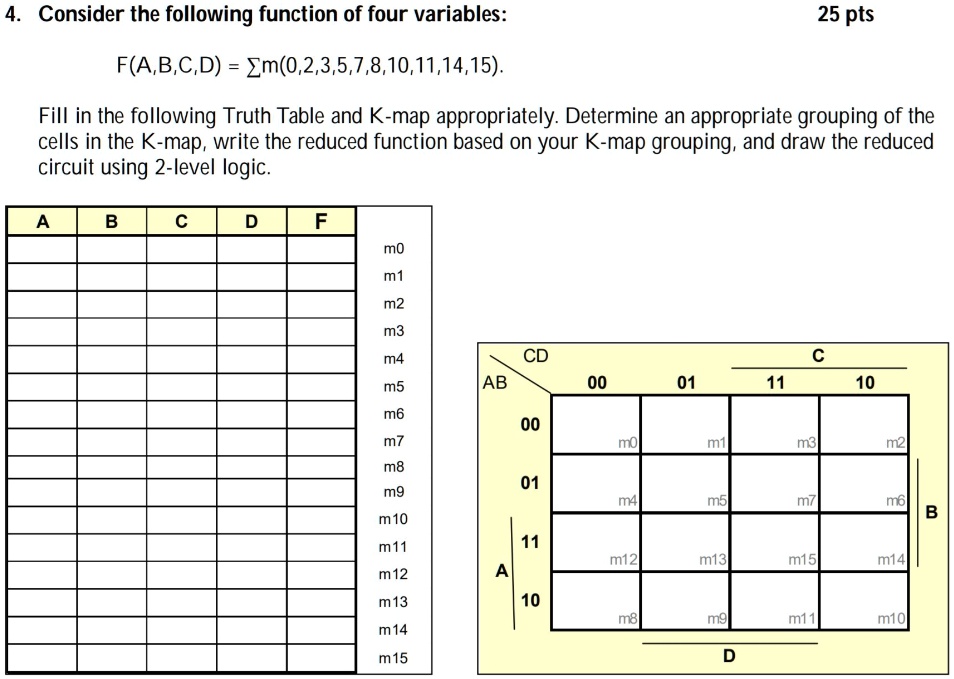 SOLVED: 4. Consider the following function of four variables: 25 pts F(A,B,C,D)=m(0,2,3,5,7,8,10 ...