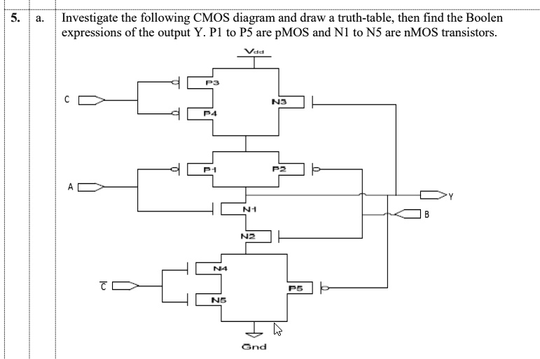 5. a. Investigate the following CMOS diagram and draw a truth-table ...
