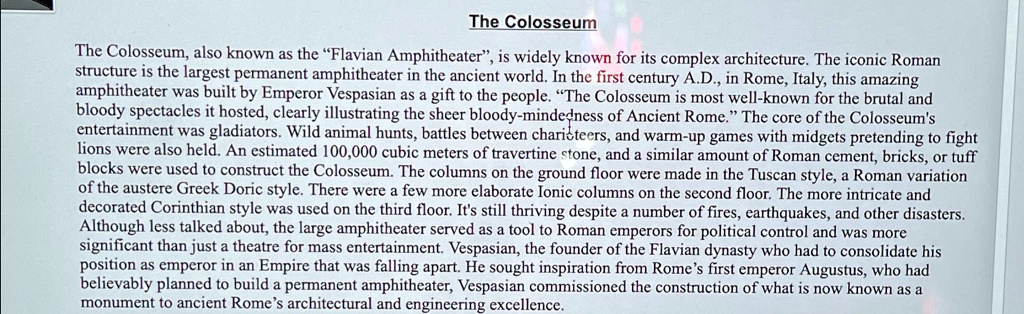 The Colosseum The Colosseum, also known as the Flavian Amphitheater, is ...