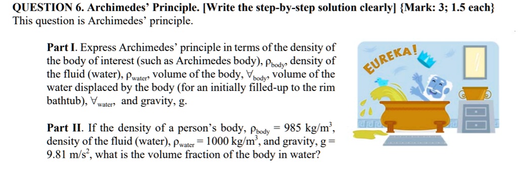 SOLVED: QUESTION 6: Archimedes' Principle. [Write the step-by-step ...