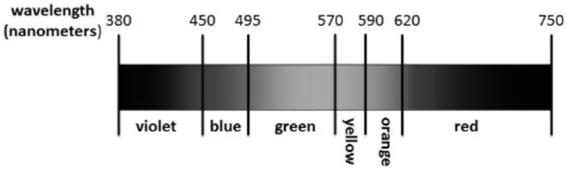 wavelength (nanometers) 380 450 495 570 590 620 750 violate blue green ...