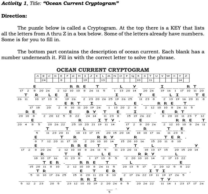 SOLVED: Activity 1: "Ocean Current Cryptogram" Direction: The puzzle ...