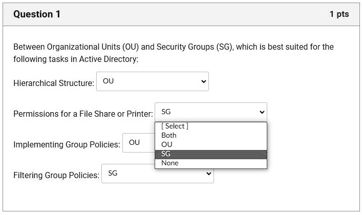 Question 1 1 pts Between Organizational Units (OU) and Security Groups (SG), which is best ...