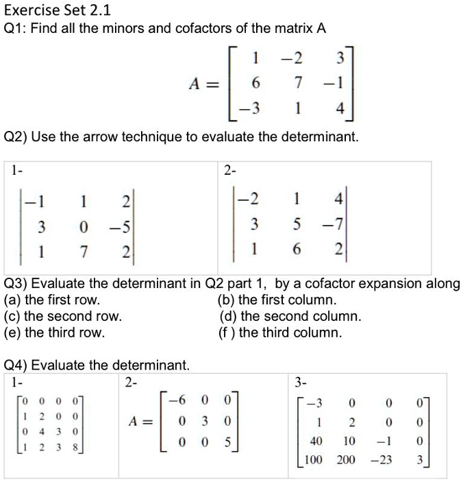 SOLVED: Exercise Set 2.1 Q1: Find all the minors and cofactors of the ...