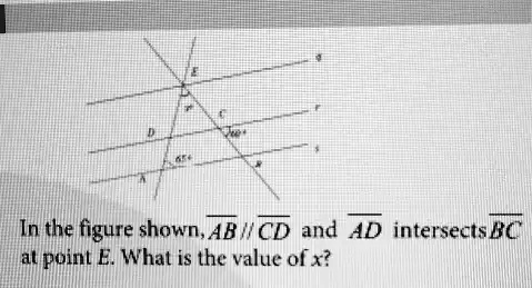 In the figure shown, AB/CD and AD intersect at point E. What is the value of x?