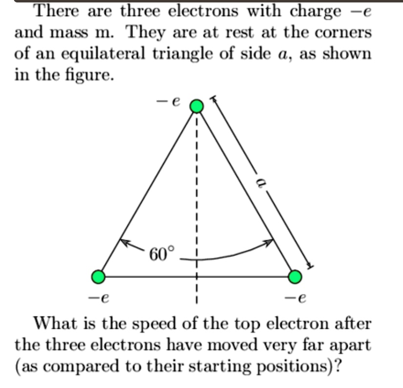 There are three electrons with charge -e and mass m. They are at rest ...