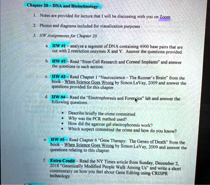 SOLVED: Chapter 20: DNA and Biotechnology Notes are provided for a ...