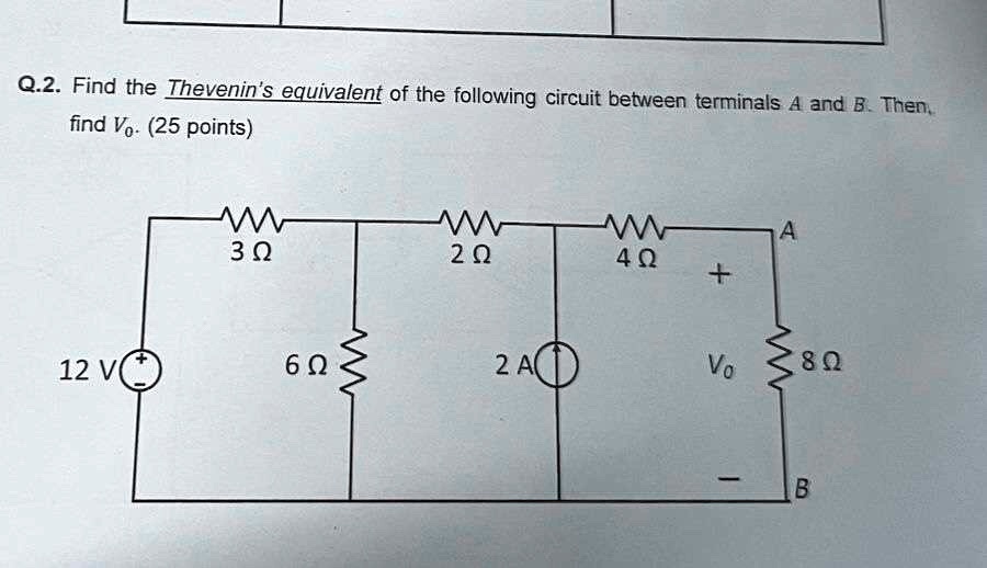 q2 find the thevenins equivalent of the following circuit between terminals a and b then find vo ...