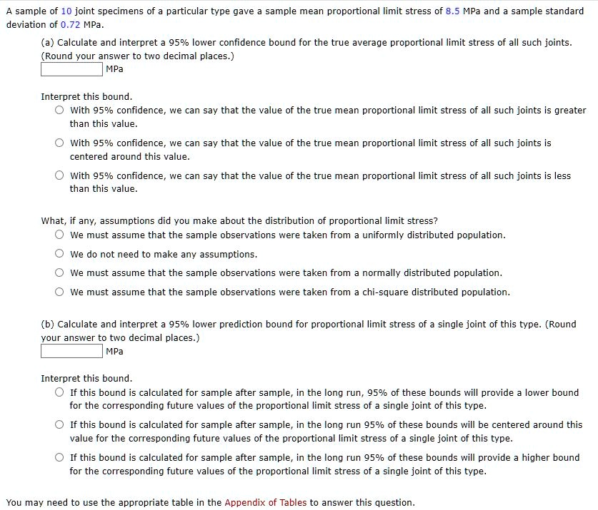 Sample of 10 joint specimens of a particular type gave a sample mean ... Sample of 10 joint specimens of a particular type gave a sample mean ...