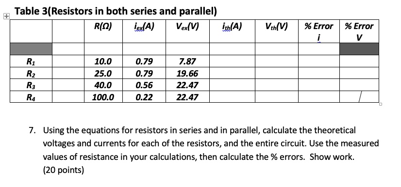 SOLVED: Table 3(Resistors in both series and parallel) R(Q) iex(A) Vex(V) it(A) Vth(V) % Error ...
