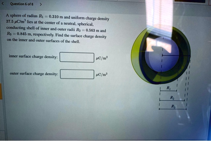 question 6 of 8 a sphere of radius ri 0310 m and uniform charge density hclm lies at the center ...
