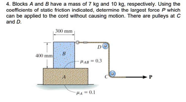 4. Blocks A and B have a mass of 7 kg and 10 kg, respectively. Using the coefficients of static ...