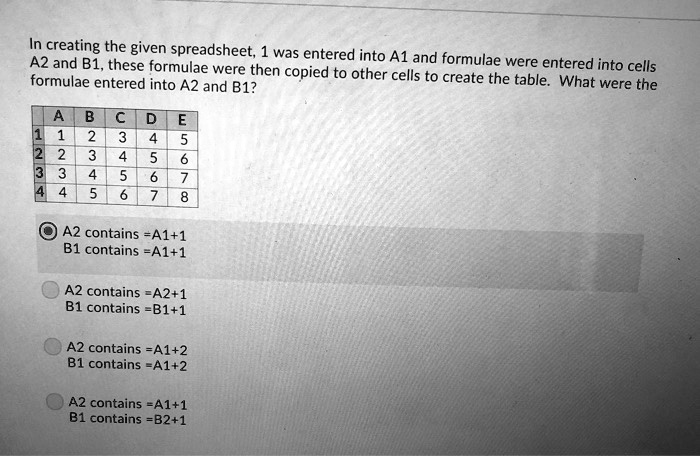 In creating the given spreadsheet, 1 was entered into A1 and formulae ...