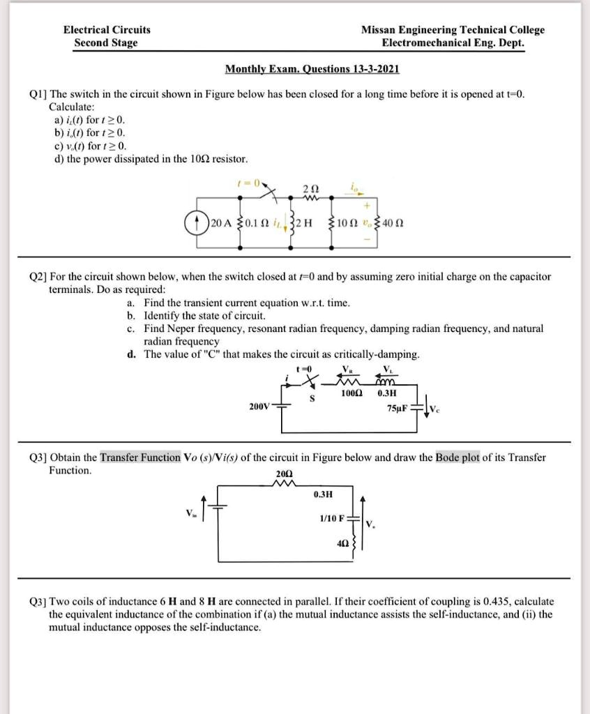 SOLVED: Text: Electrical Circuits Second Stage Missan Engineering Technical College ...