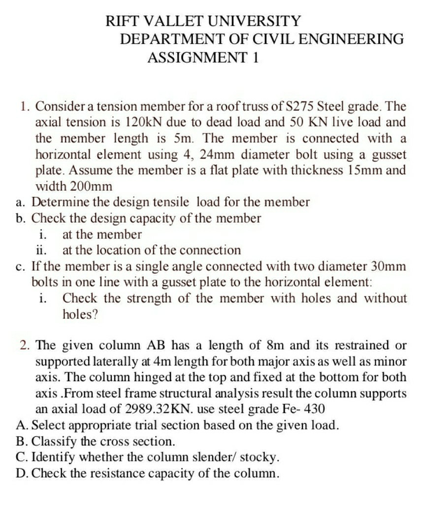 SOLVED: RIFT VALLET UNIVERSITY DEPARTMENT OF CIVIL ENGINEERING ...
