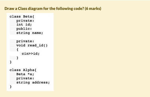 SOLVED: Draw a Class diagram for the following code? (6 marks) class Beta private: int id ...