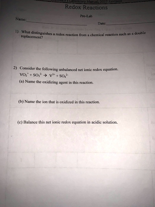 SOLVED: 0elAnnOTetceeDCT Redox Reactions Pre-Lab Name Date: What ...