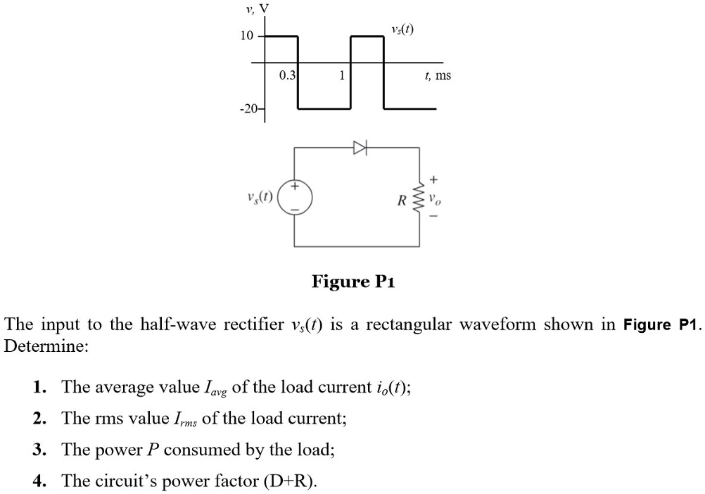 SOLVED: vs(t) 10 0.3 t, ms Figure P1 The input to the half-wave ...
