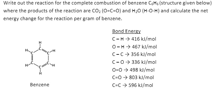 Write out the reaction for the complete combustion of benzene C6H6 ...
