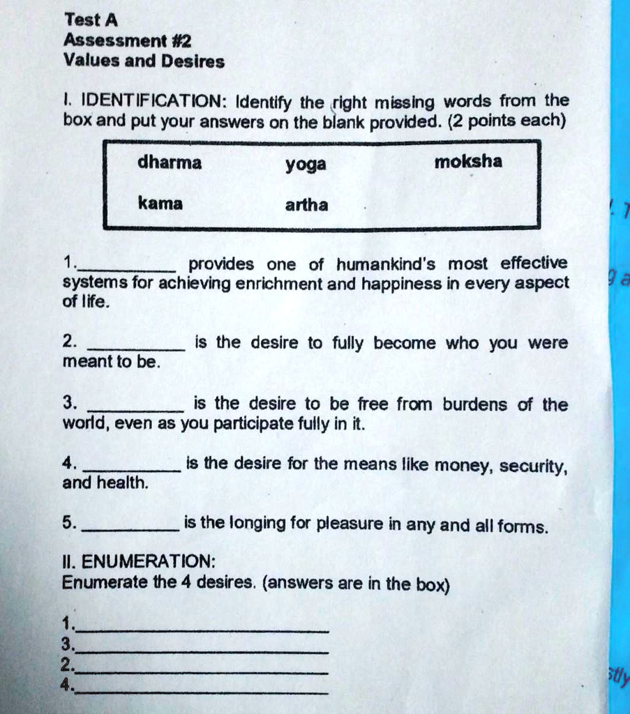 SOLVED: paki-sagot po please.. Test A Assessment #2 Values and Desires ... SOLVED: paki-sagot po please.. Test A Assessment #2 Values and Desires ...