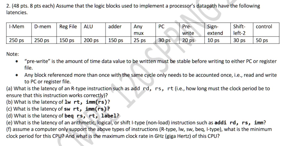 SOLVED: 2. (48 pts. 8 pts each) Assume that the logic blocks used to implement a processor's ...