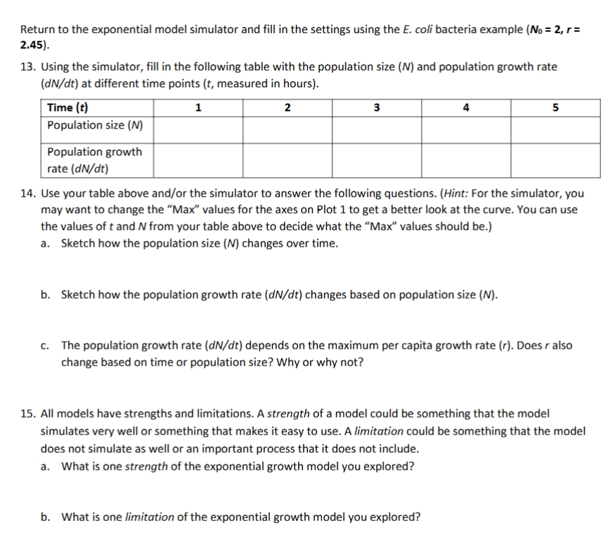 Return to the exponential model simulator and fill in the settings ...