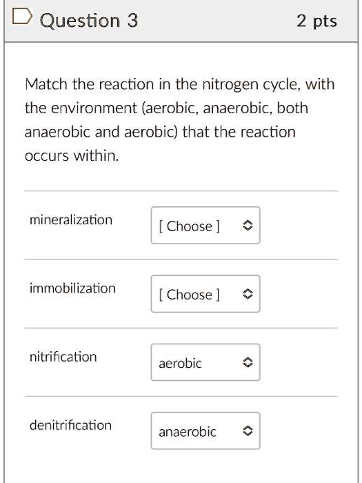 SOLVED: Question 3 2 pts Match the reaction in the nitrogen cycle with ... SOLVED: Question 3 2 pts Match the reaction in the nitrogen cycle with ...