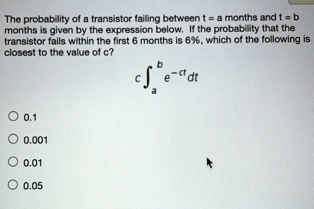 SOLVED: The probability of a transistor failing between t = a months and t = b months is given ...