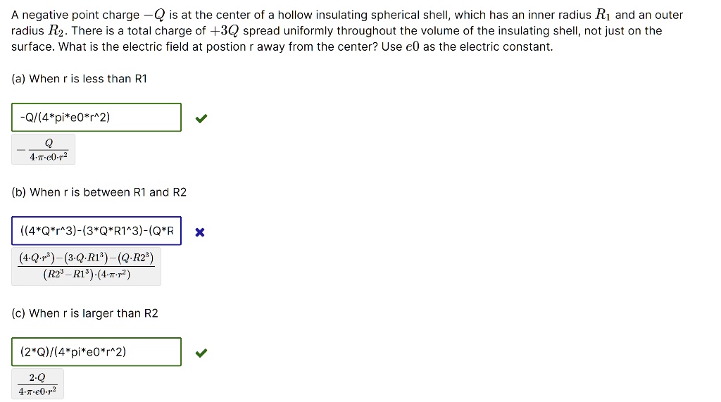 SOLVED: Negative point charge Q is at the center of a hollow insulating spherical shell, which ...