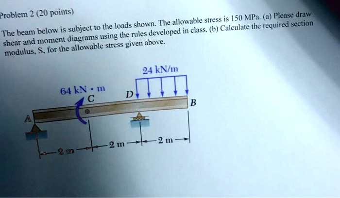 Problem 2 (20 points): The beam below is subject to the loads shown. The allowable stress is 150 ...