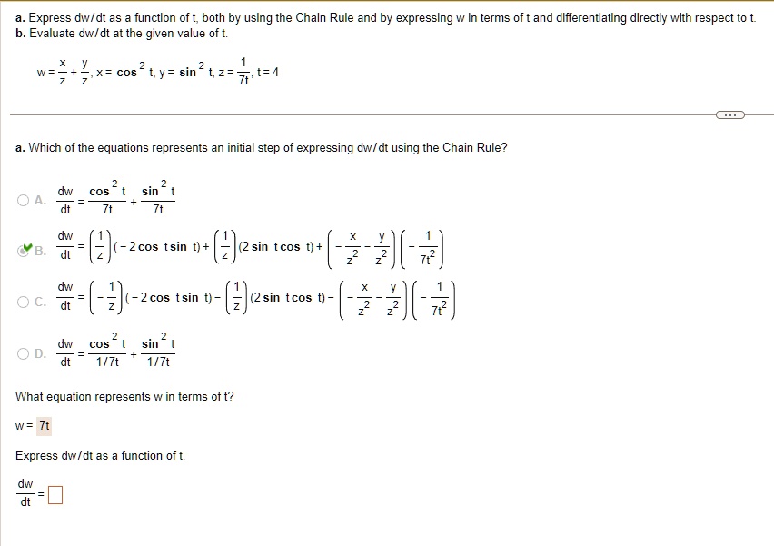SOLVED: a. Express dw/dt as a function of t, both by using the Chain ...