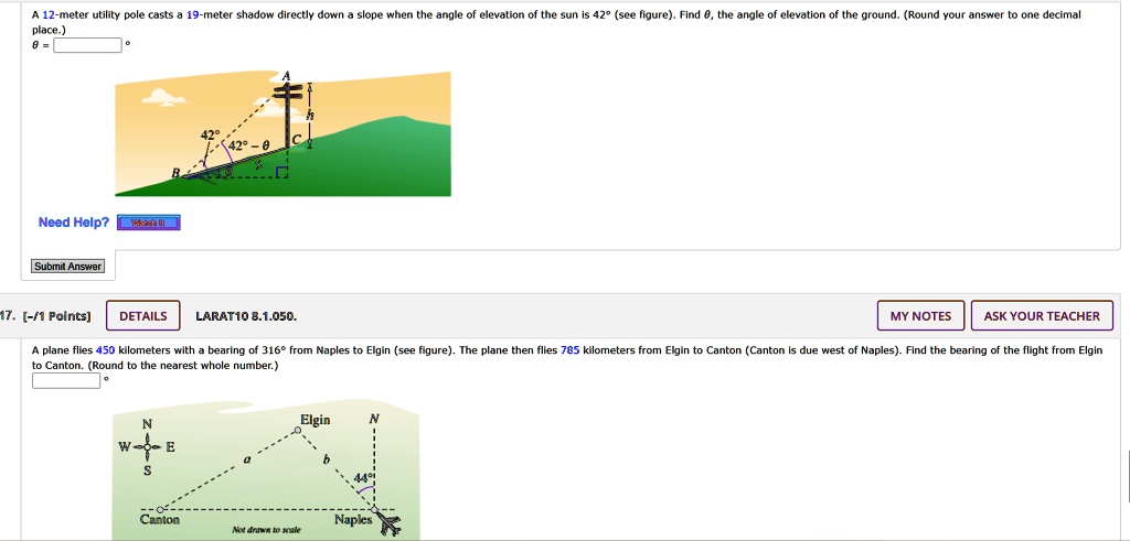 A 12-meter utility pole casts a 19-meter shadow directly down a slope ...