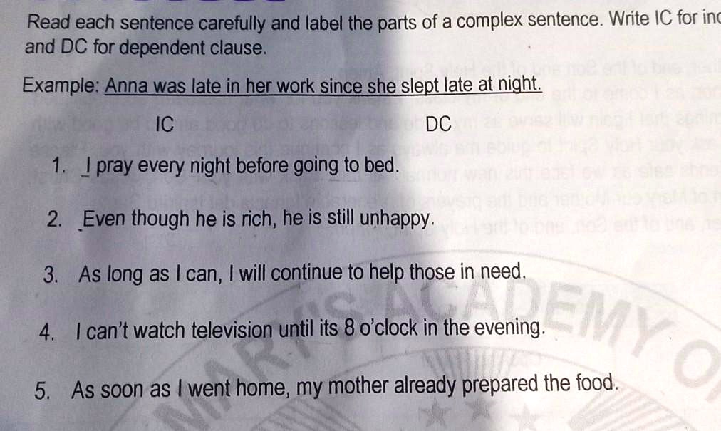 label the parts of a complex sentence ic for independent clause and dc ...