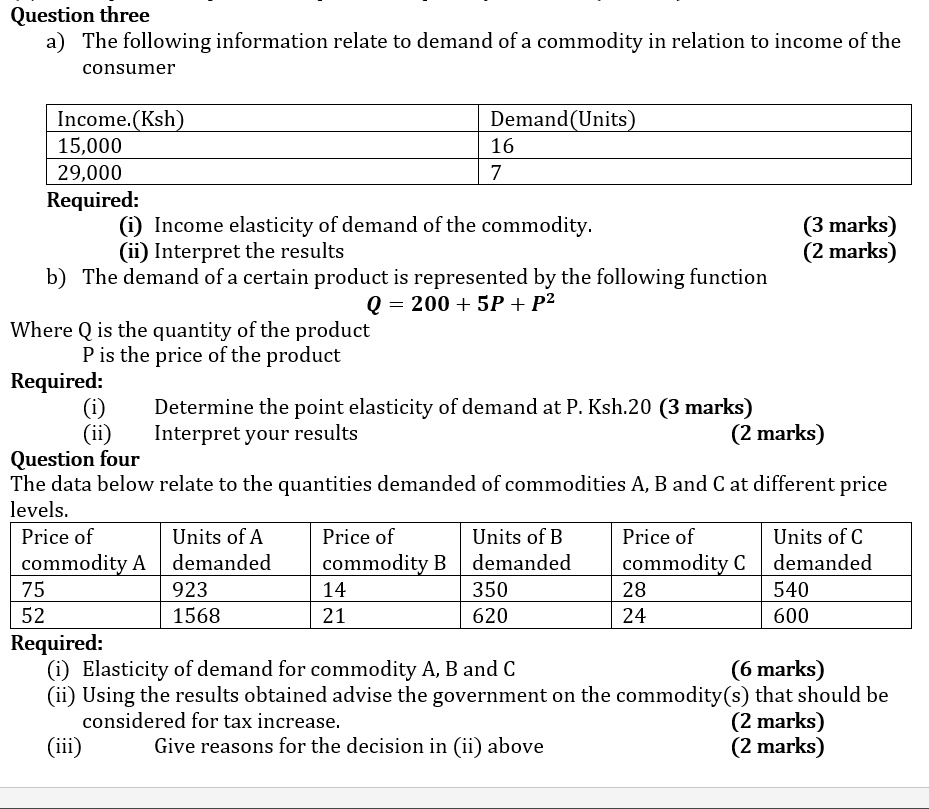 Question three a) The following information relates to the demand of a ...
