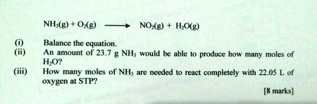SOLVED: NH3(g) + 02(g) -> NO(g) + H2O(g) Balance the equation: An ...