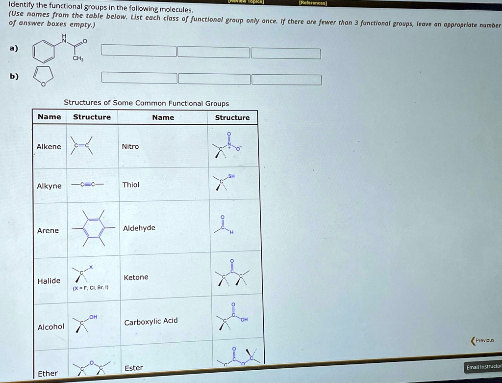 SOLVED: Identify the functional groups in the following molecules. [References] (Use names from ...