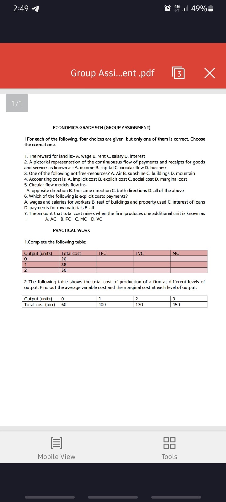 2:49 4 G . 49 % Group Assi...ent .pdf 3 ECONOMICS GRADE 9TH (GROUP ASSIGNMENT) I For each of the ...